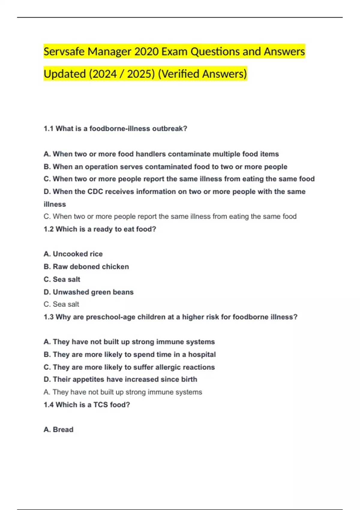 Servsafe Manager 2020 Exam Questions and Answers Updated (2024 / 2025 ...