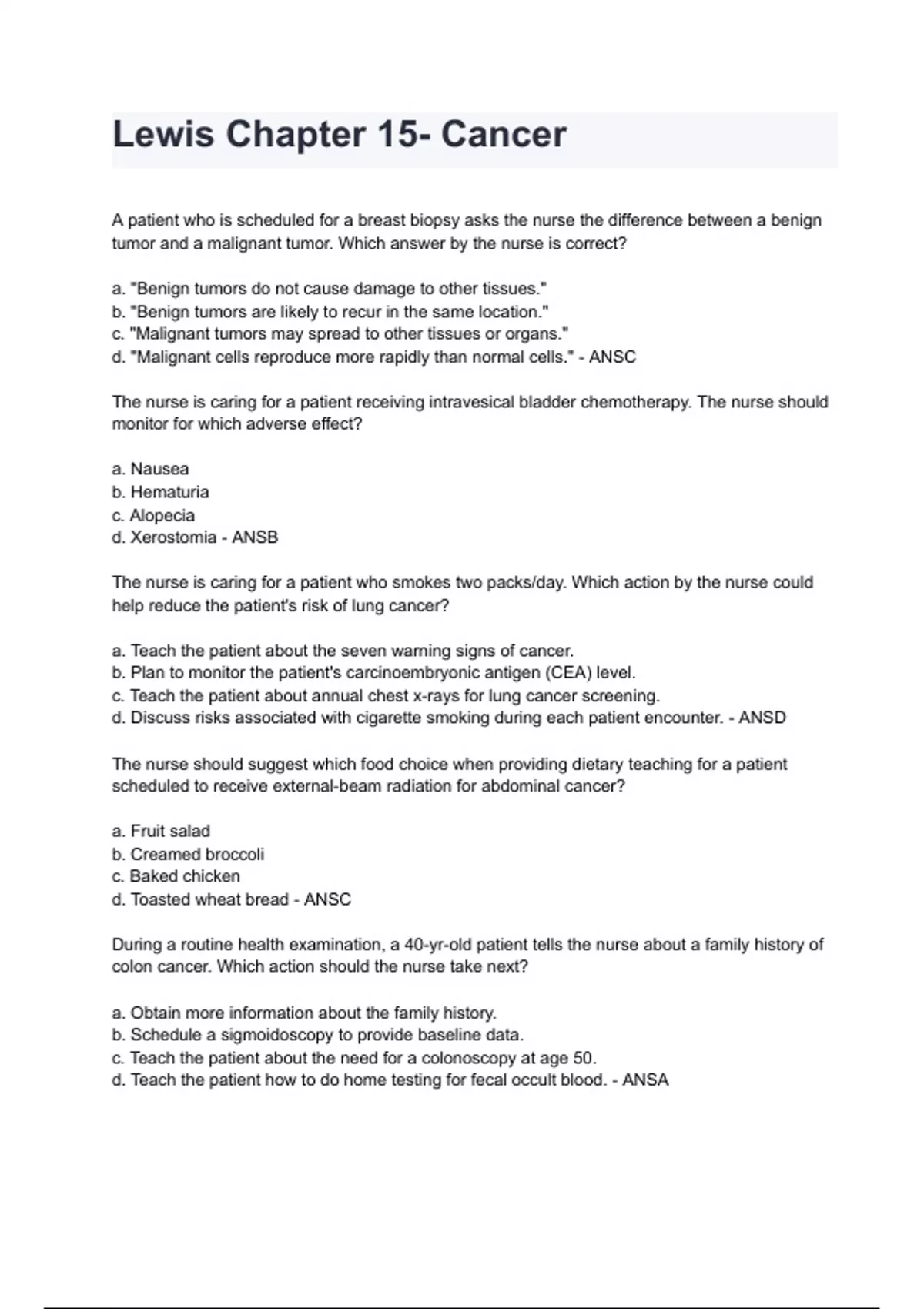 Lewis Chapter 15- Cancer questions and answers A+ score assured 2024/ ...