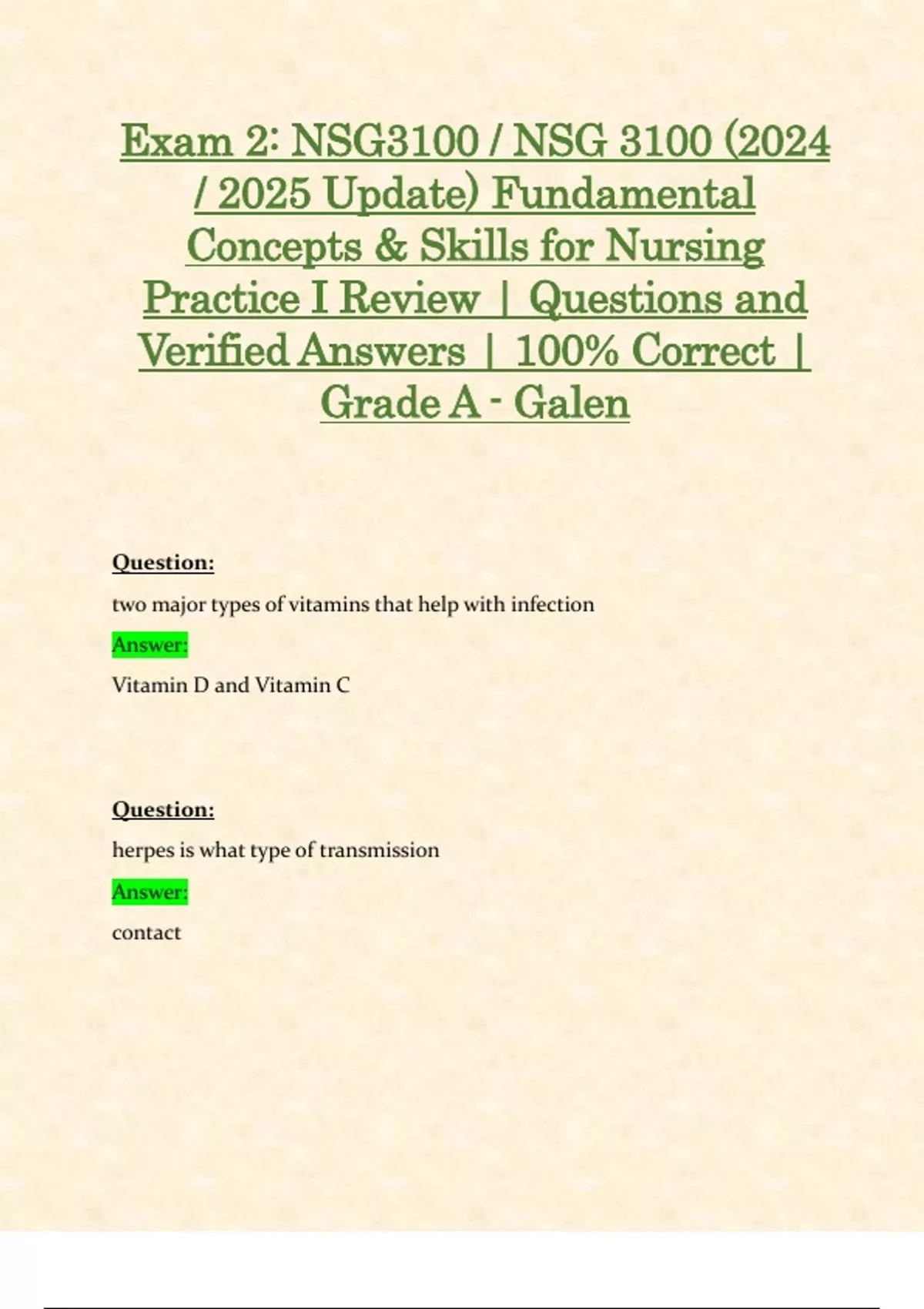 Exam 2: NSG3100 / NSG 3100 (2024 / 2025 Update) Fundamental Concepts & Skills for Nursing ...