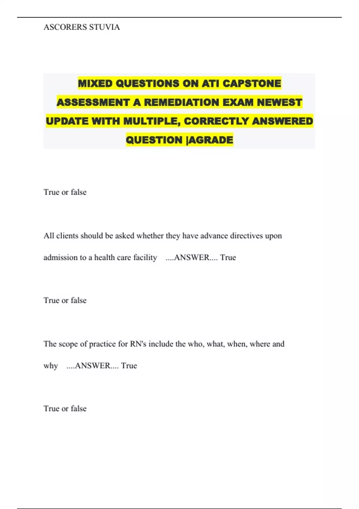 ATI CAPSTONE COMPREHENSIVE ASSESSMENT A EXAM NEWLY UPDATED VERSIONS ALL ...