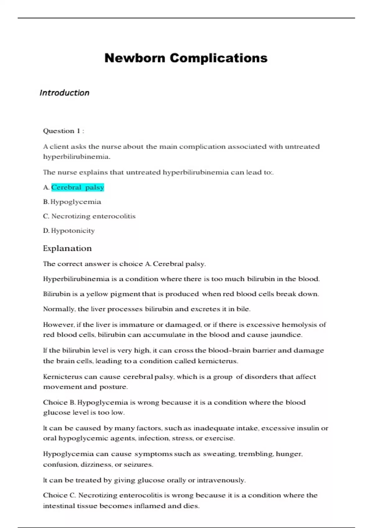 Newborn Complications Questions and Verified Answers with Rationales ...