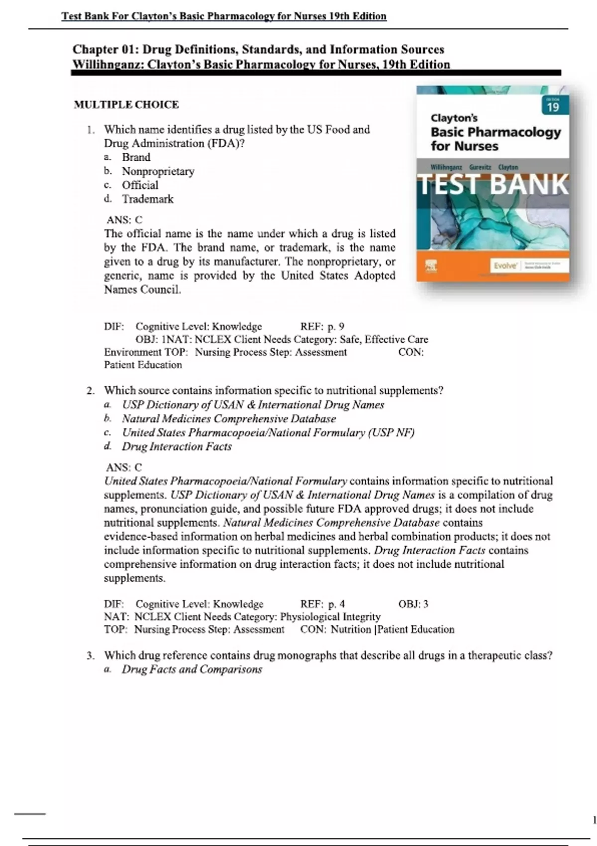 Clayton’s Basic Pharmacology for Nurses 19th Edition Test Bank Michelle ...