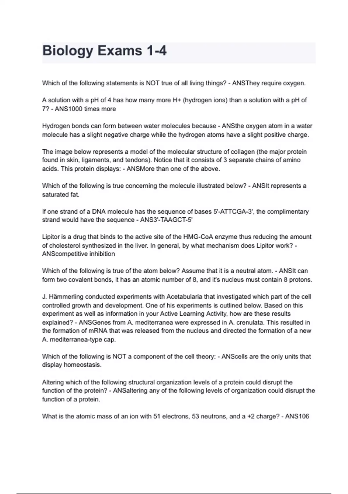 Biology Exams 1-4 questions and answers A+ score assured 2024/2025 ...