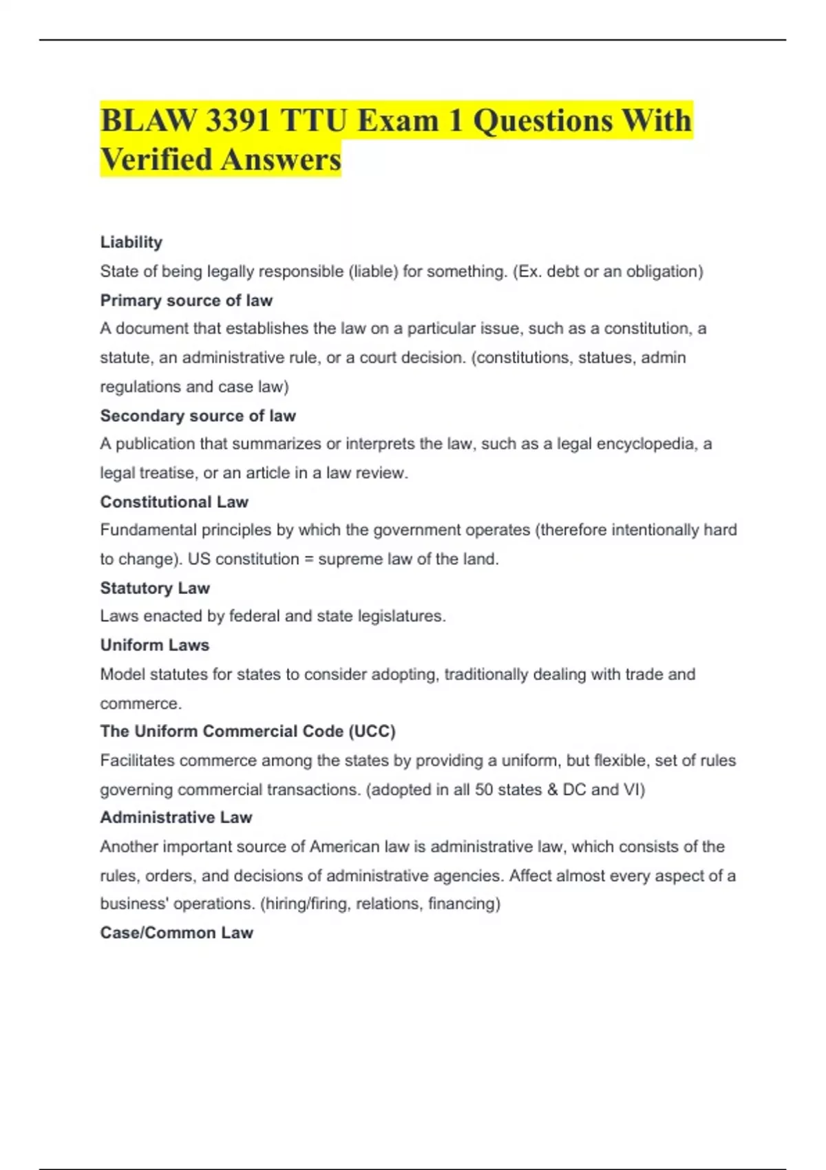 BLAW 3391 TTU Exam 1 Questions With Verified Answers - BLAW 3391 - Stuvia US