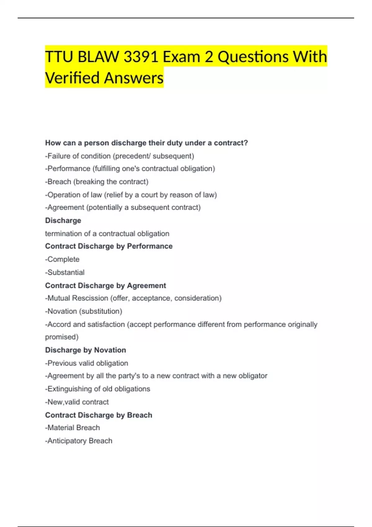 TTU BLAW 3391 Exam 2 – Verified Questions and Answers for Business Law ...