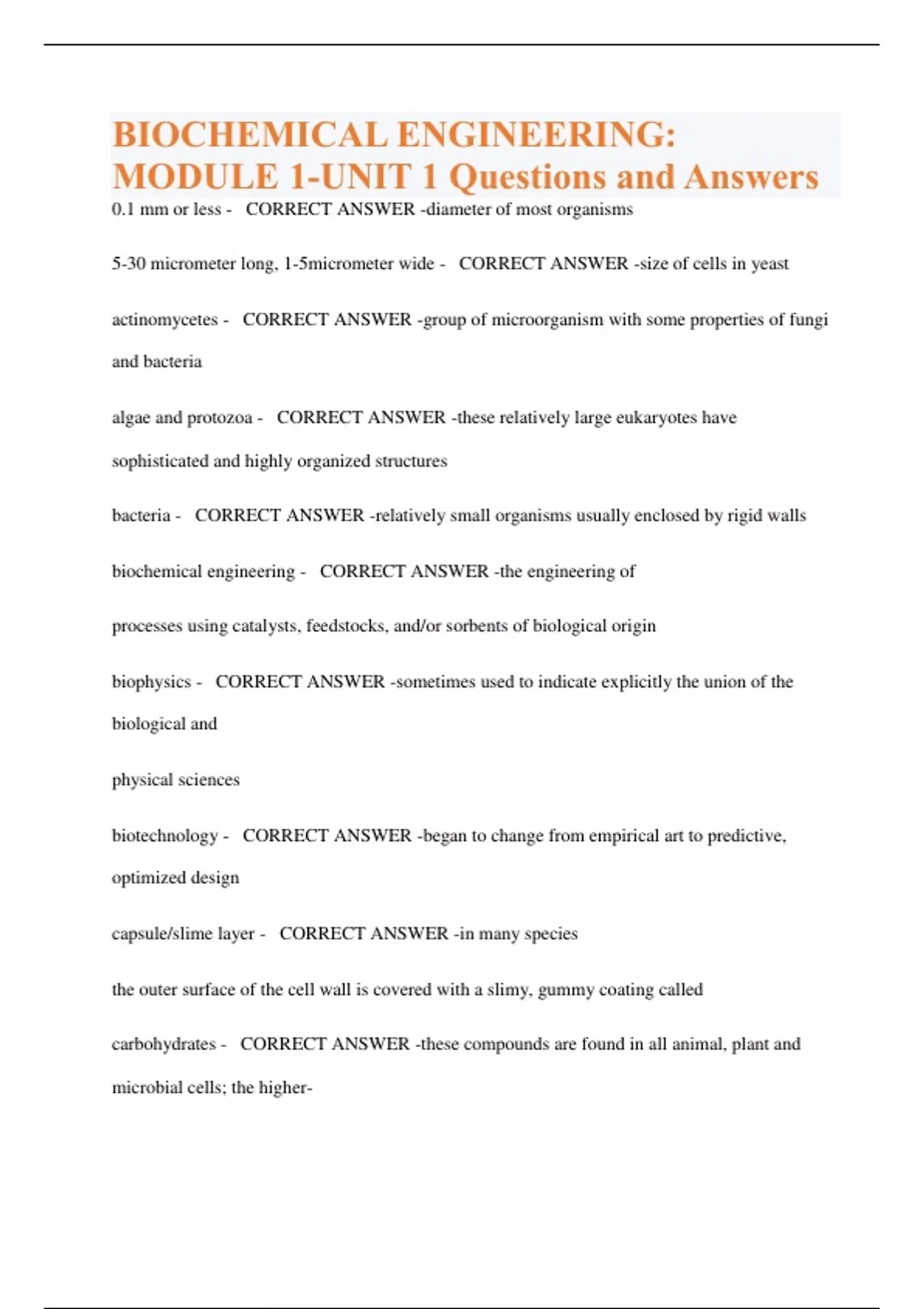 BIOCHEMICAL ENGINEERING: MODULE 1-UNIT 1 Questions and Answers - Biochemistry - Stuvia US