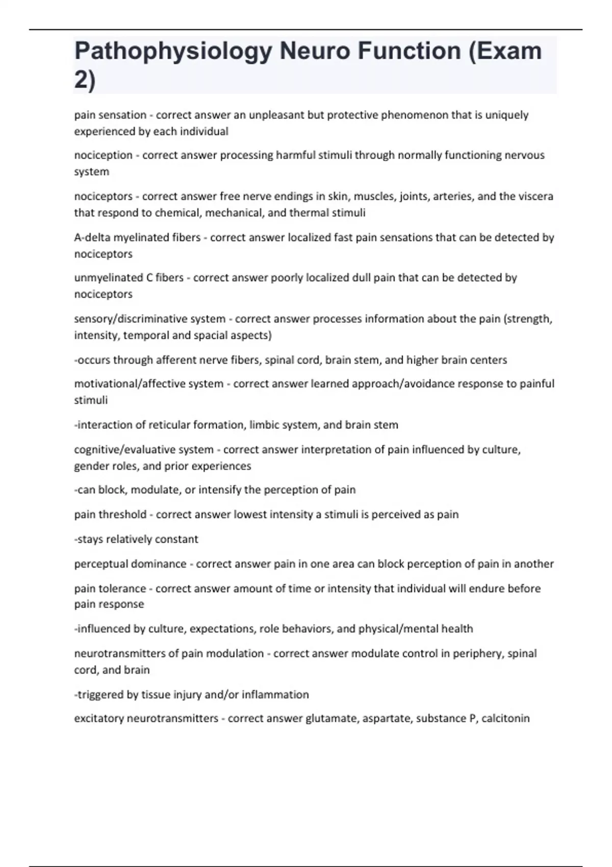 Pathophysiology Neuro Function (Exam 2) 200+ questions with verified ...