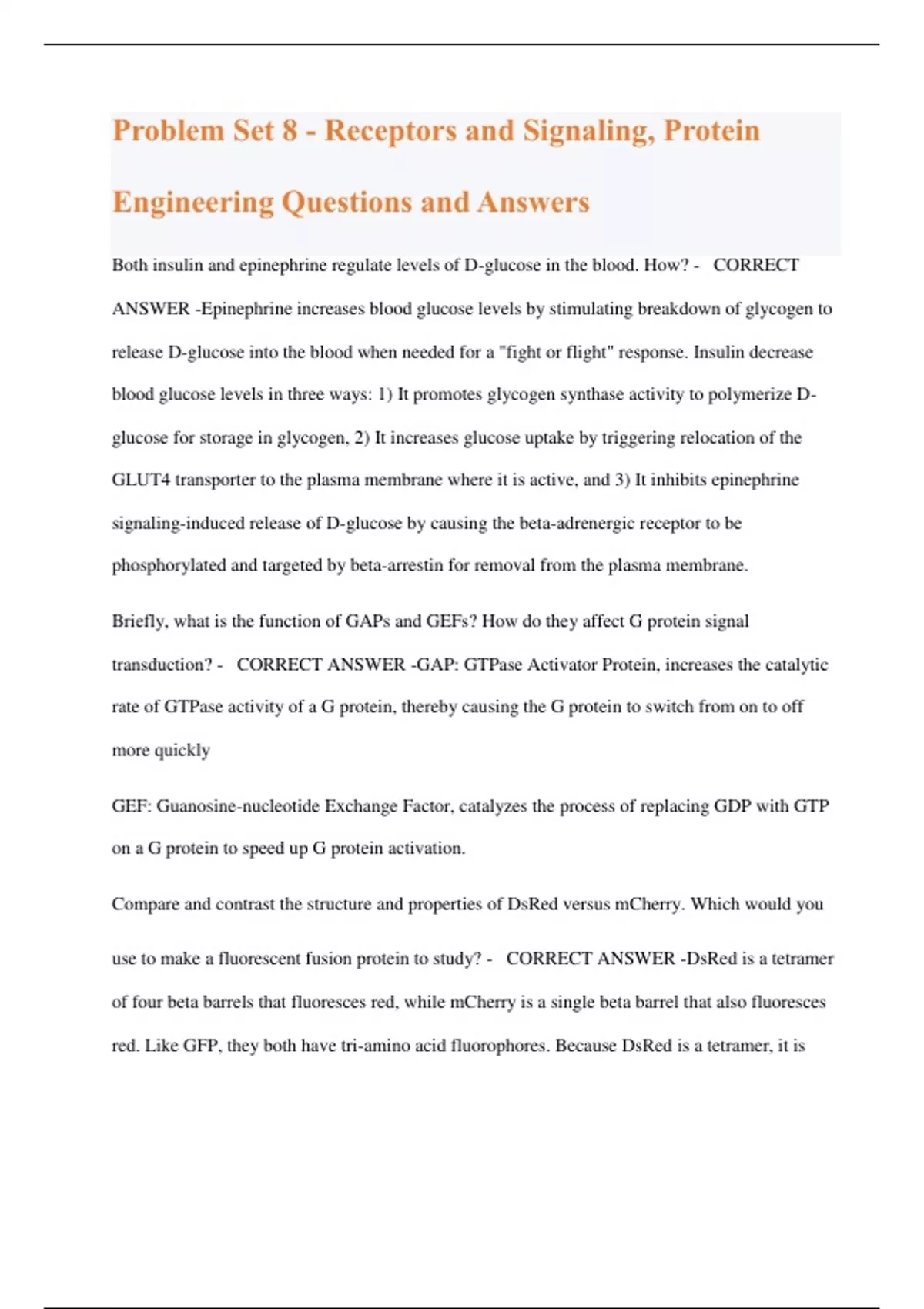 Problem Set 8 - Receptors and Signaling, Protein Engineering Questions ...