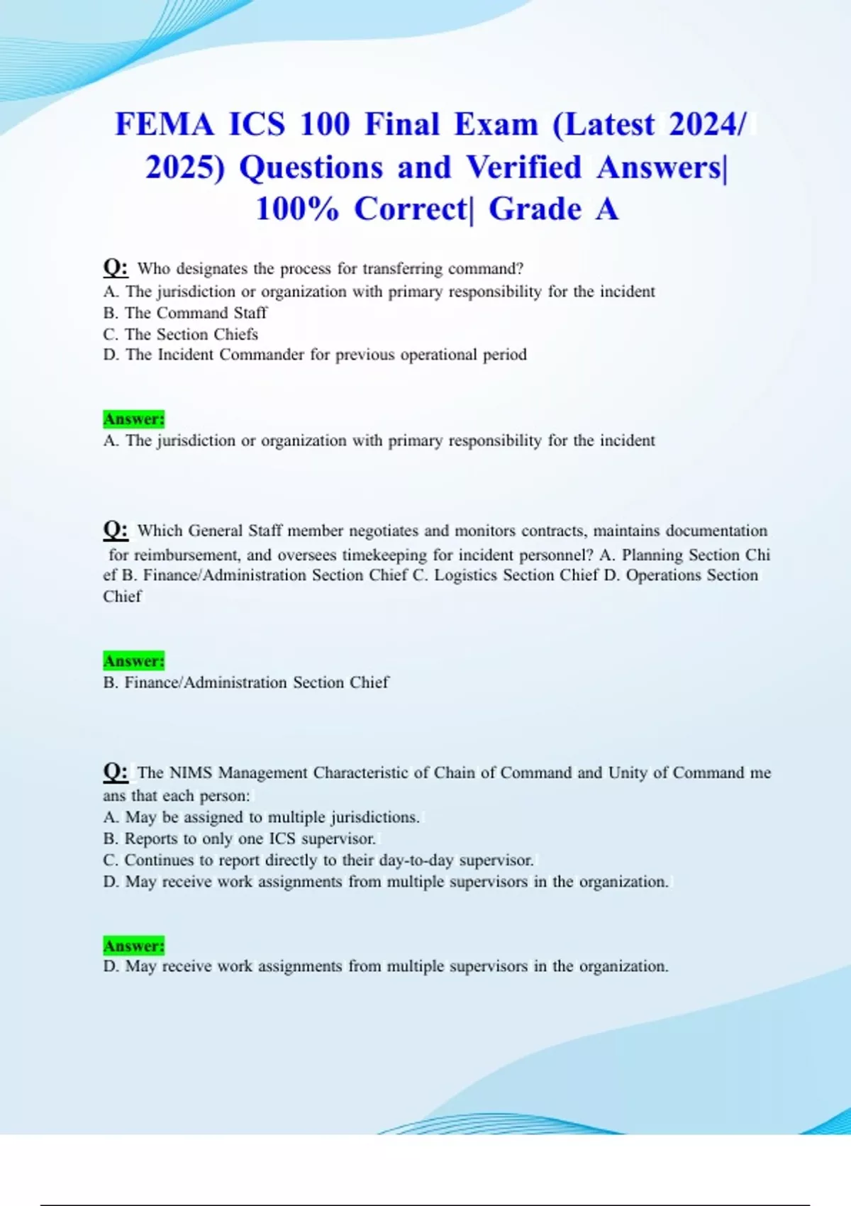 FEMA ICS 100 Final Exam Latest 2024 2025 Questions And Verified