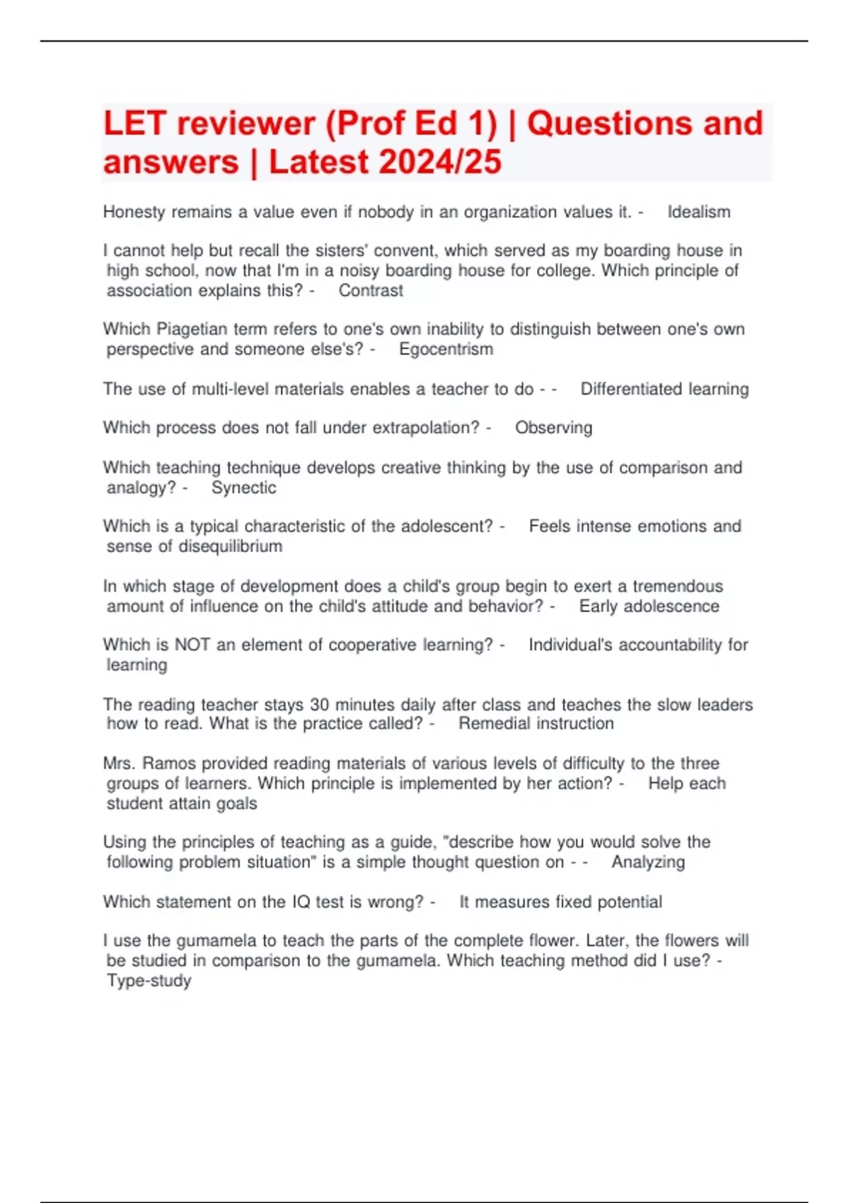 LET reviewer (Prof Ed 1) | Questions and answers | Latest 2024/25 - LET ...