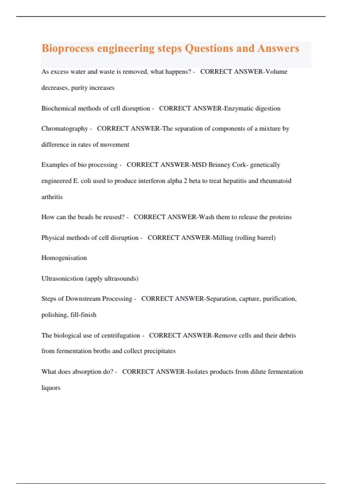 Bioprocess engineering steps Questions and Answers - Biochemistry - Stuvia US