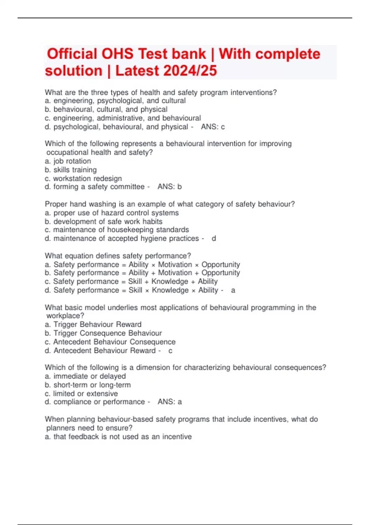 Official OHS Test bank | With complete solution | Latest 2024/25 ...