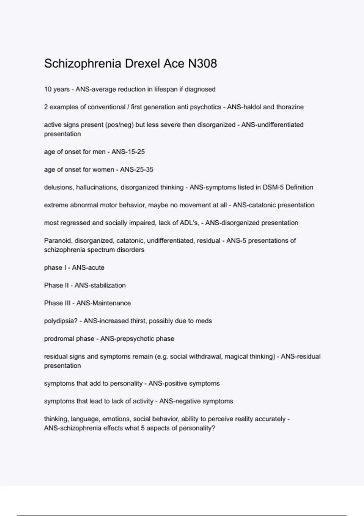 Schizophrenia Drexel Ace N308 Questions with 100% correct answers ...