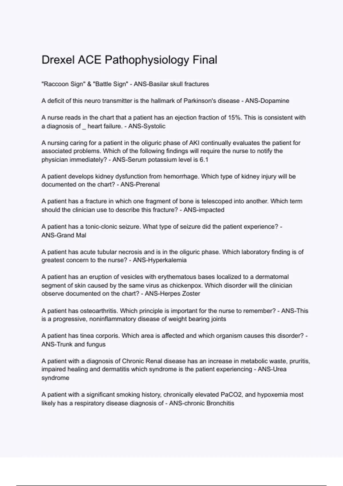 Drexel ACE Pathophysiology Final Questions with 100% correct answers ...