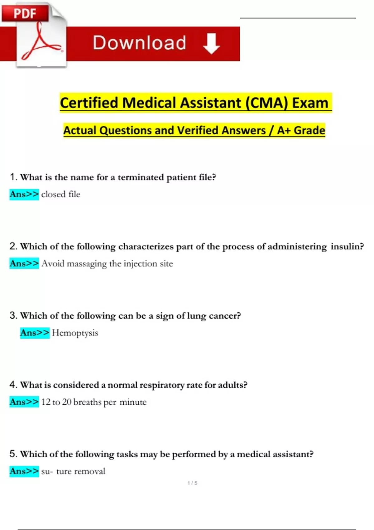 Certified Medical Assistant Exam Questions and Revised Correct Answers ...