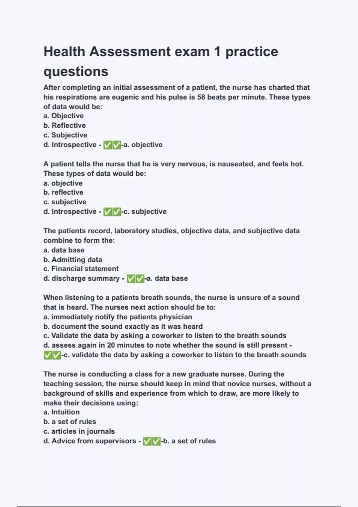 Health Assessment exam 1 practice with correct answers | latest update ...