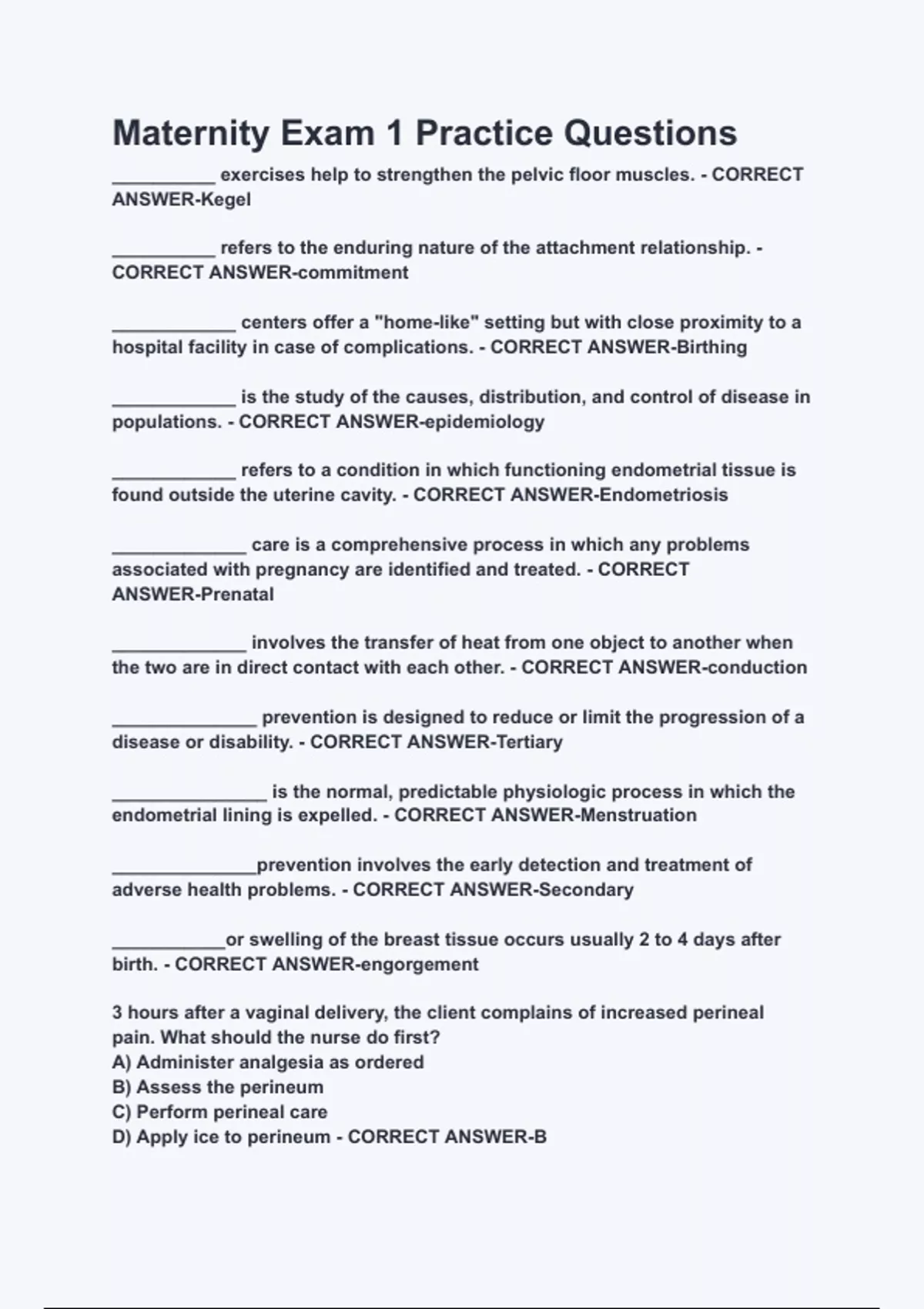 Maternity Exam 1 Practice Questions with correct answers | latest ...