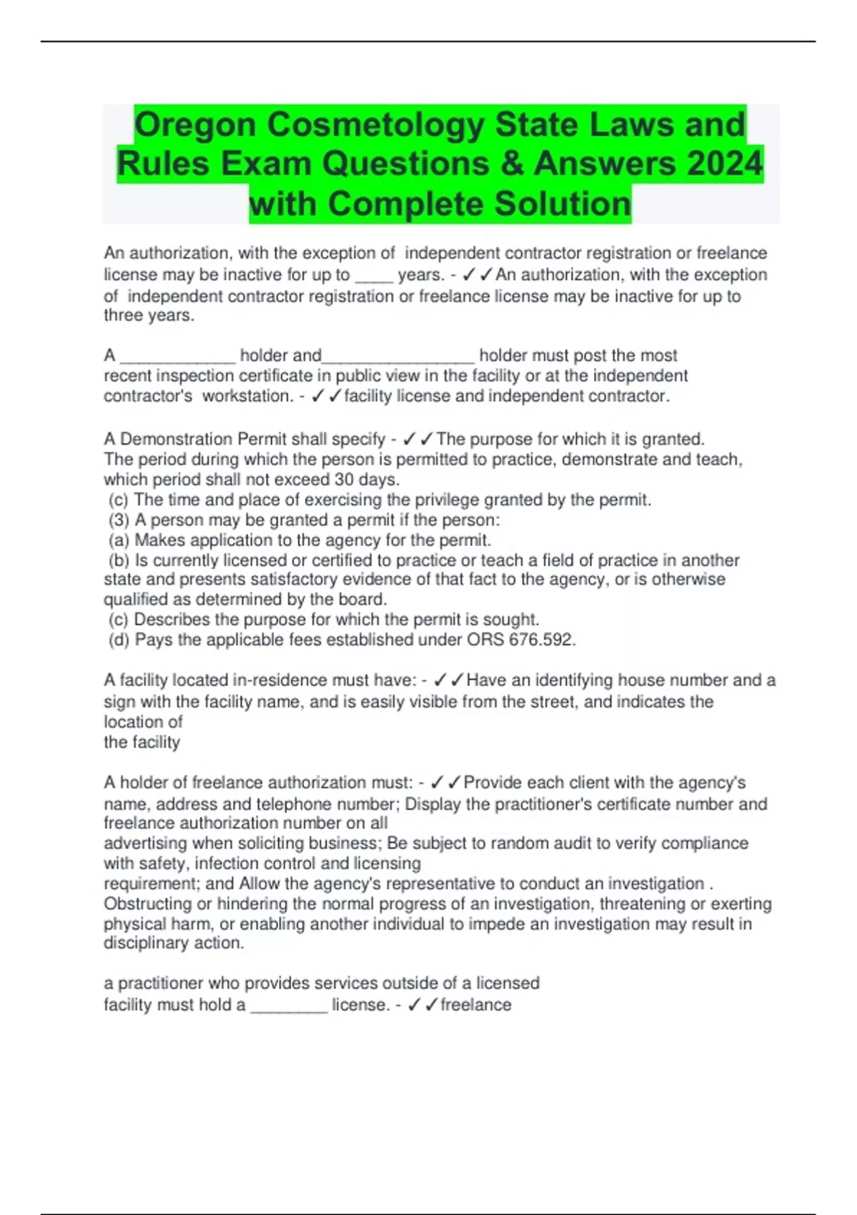 Oregon Cosmetology State Laws and Rules Exam Questions & Answers 2024 ...