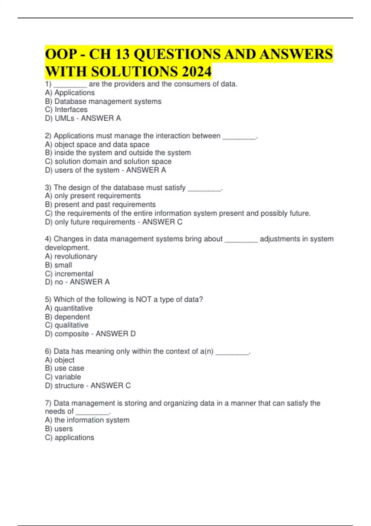 OOP - CH 13 QUESTIONS AND ANSWERS WITH SOLUTIONS 2024 - Data management ...