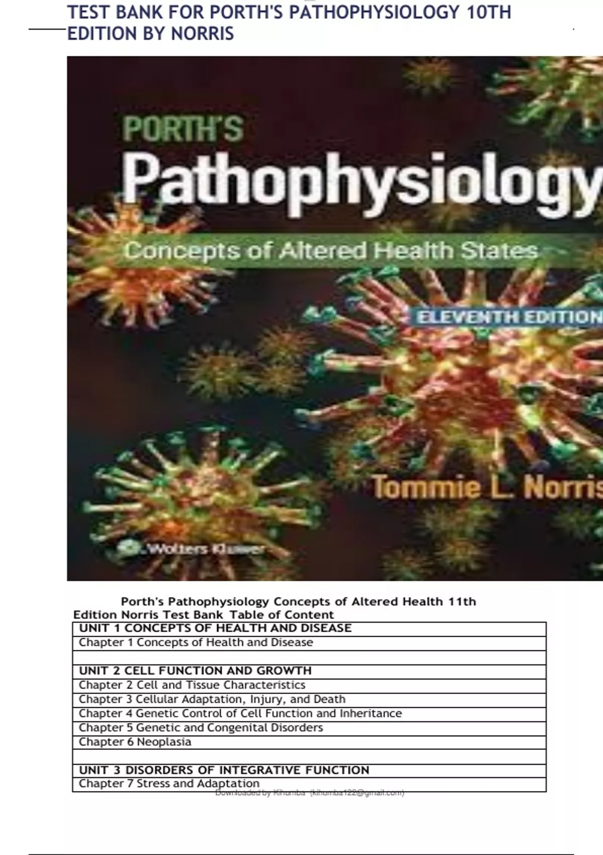 TEST BANK FOR PORTH'S PATHOPHYSIOLOGY 10TH EDITION BY NORRIS,,,Alpha ...