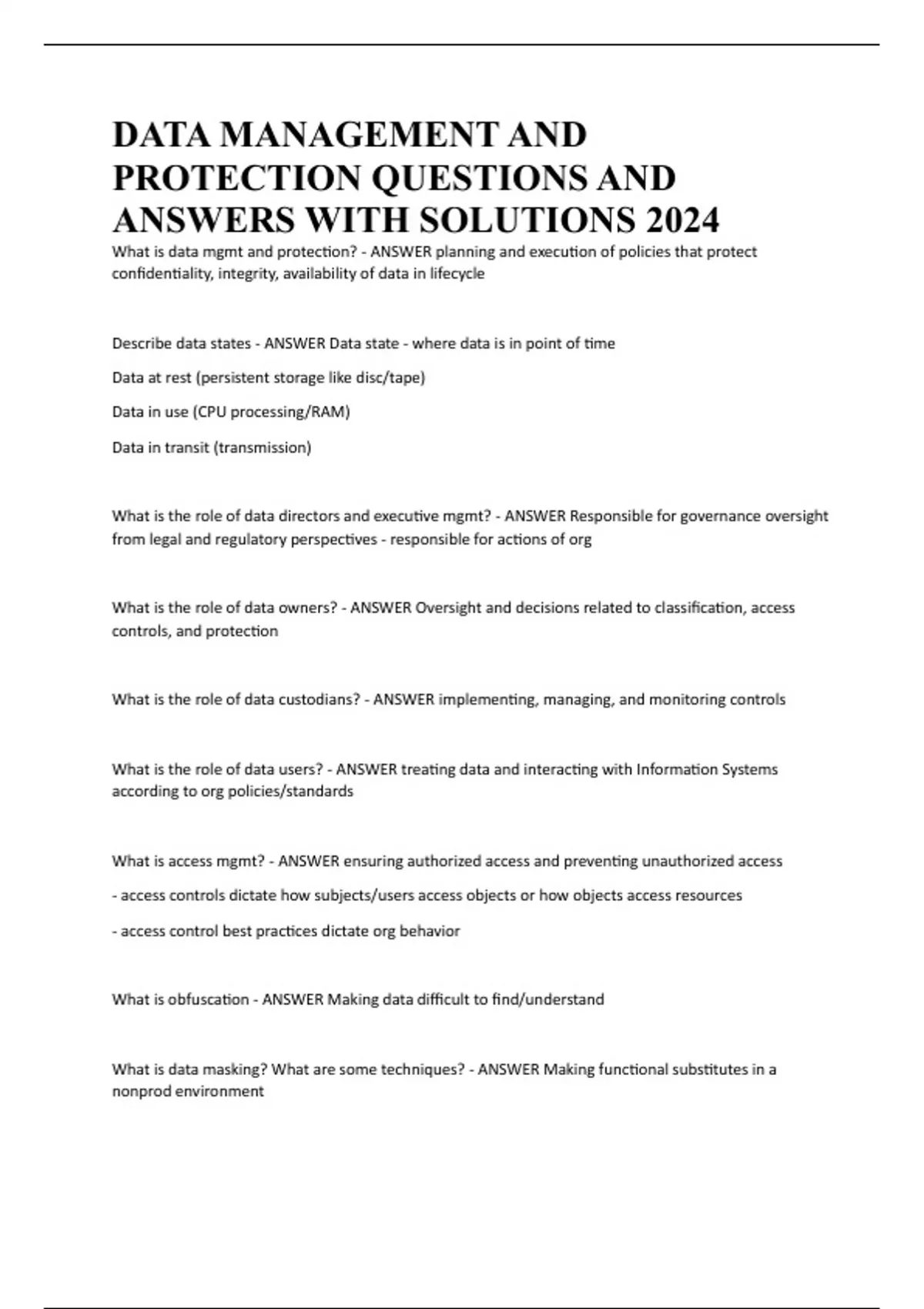 DATA MANAGEMENT AND PROTECTION QUESTIONS AND ANSWERS WITH SOLUTIONS 2024 - Data management ...