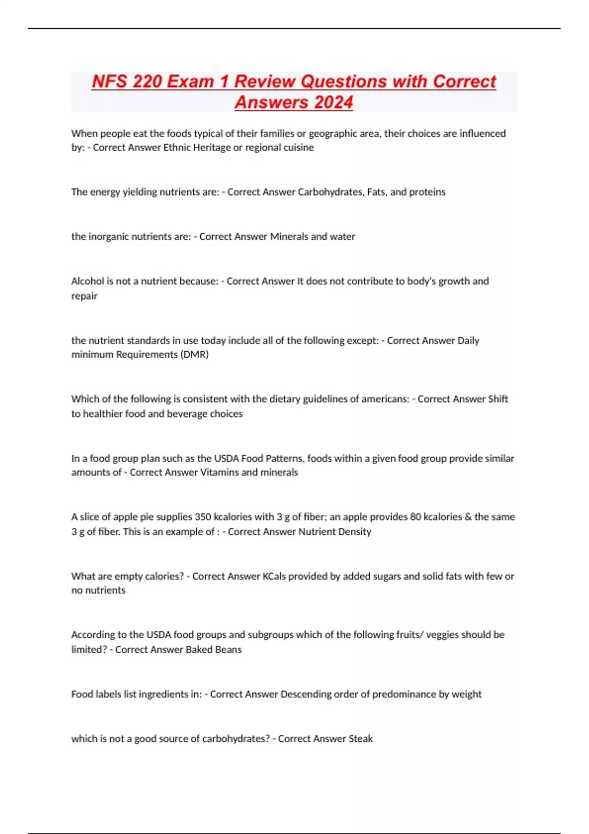 NFS 220 Exam 1 Review Questions with Correct Answers 2024 - NFS 220 - Stuvia US