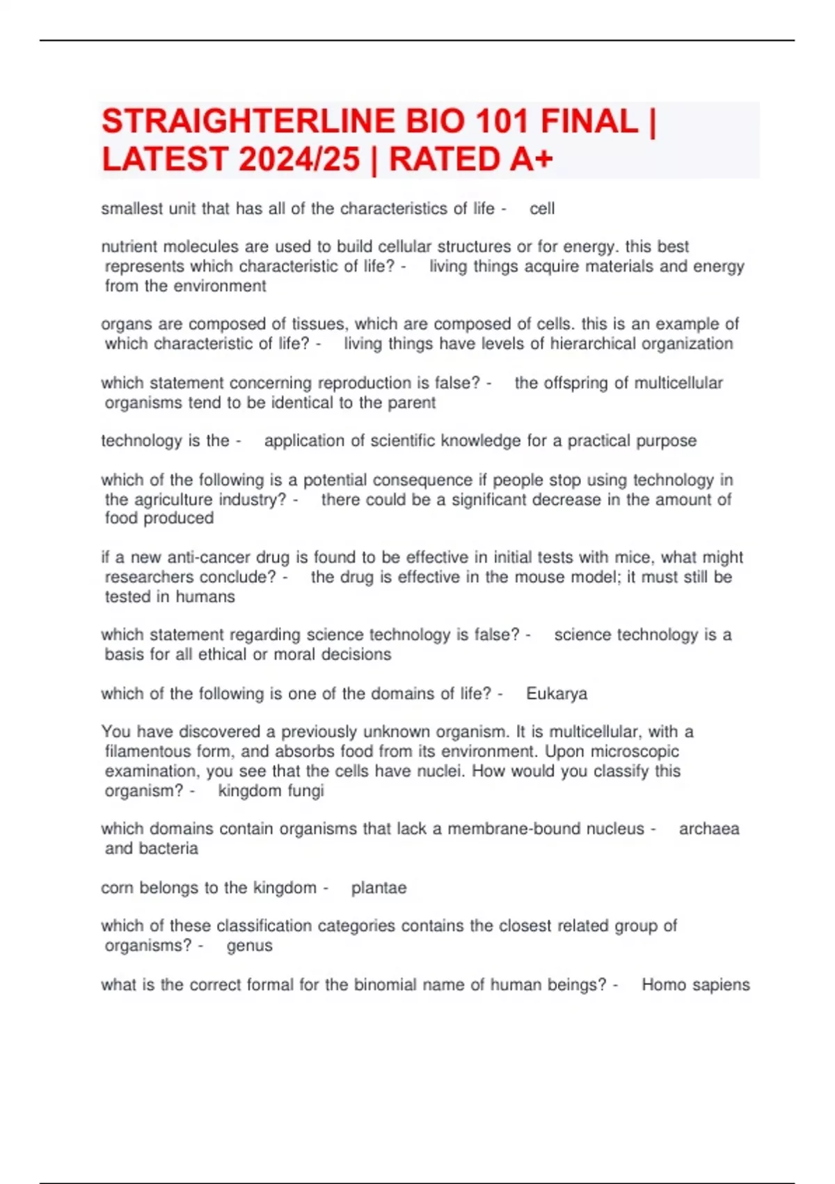 STRAIGHTERLINE BIO 101 FINAL | LATEST 2024/25 | RATED A+ ...