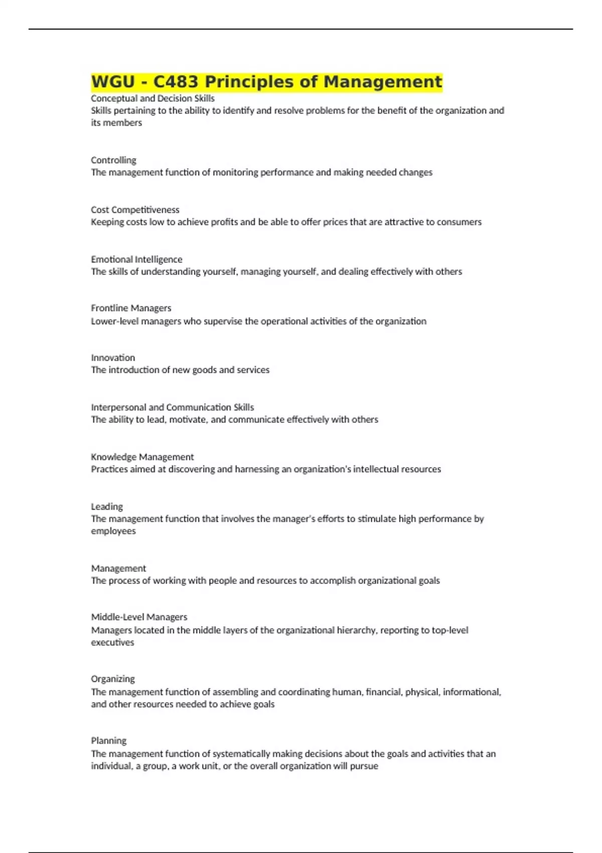 WGU - C483 Principles of Management - WGU C483 - Stuvia US