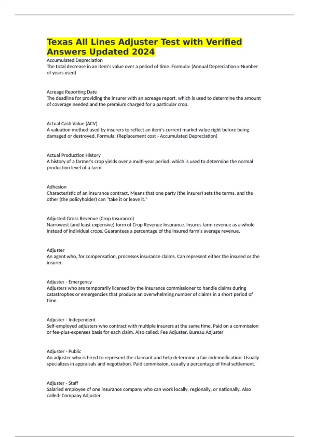 Texas All Lines Adjuster Test with Verified Answers Updated 2024 - WGU ...