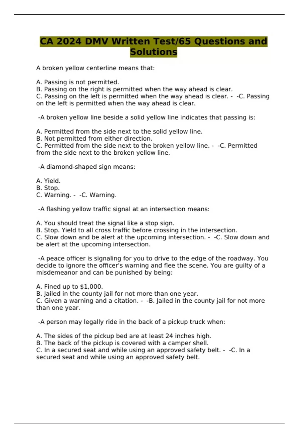 CA 2024 DMV Written Test/65 Questions and Solutions - CA 2024 DMV ...