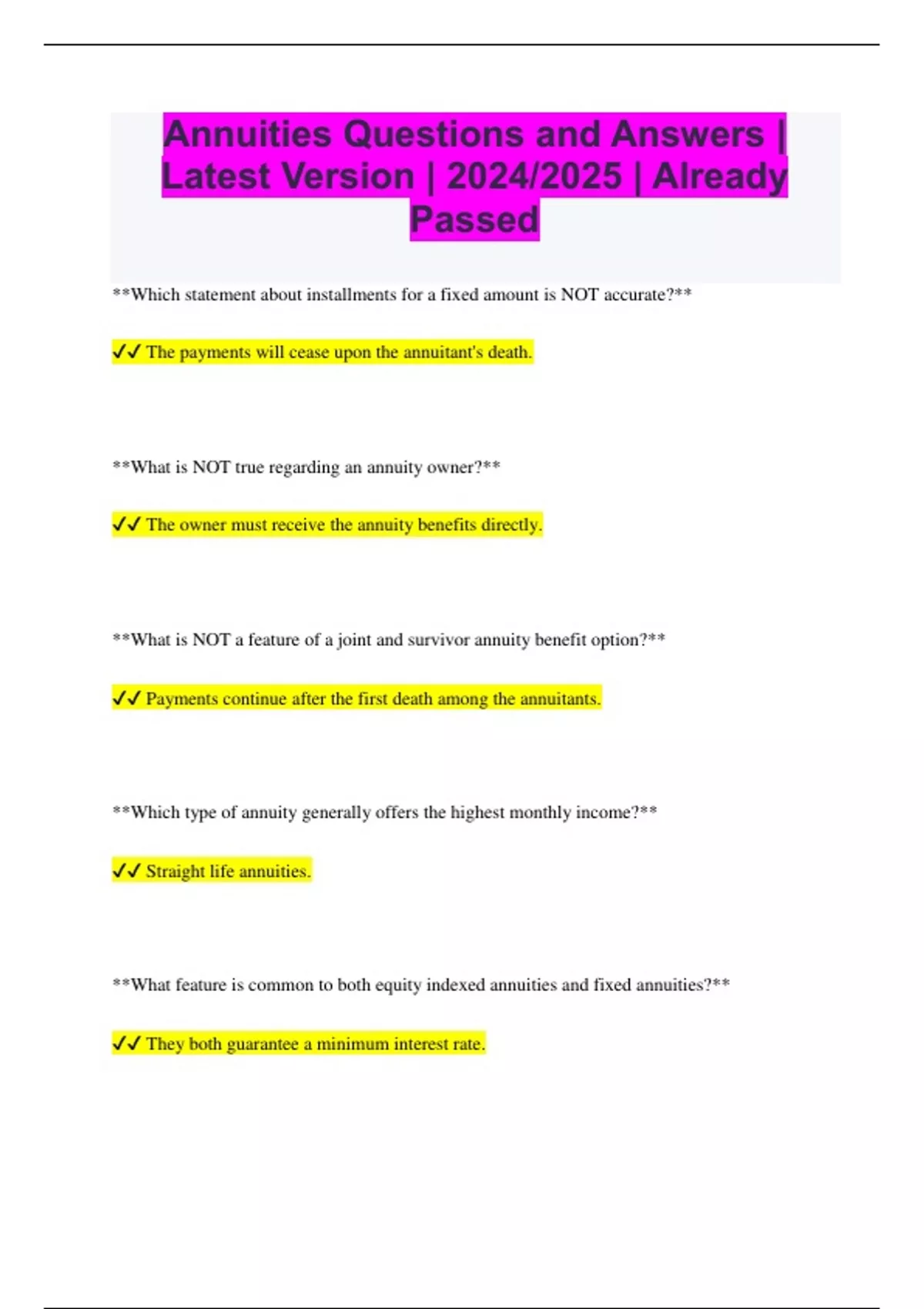 Annuities Questions and Answers | Latest Version | 2024/2025 | Already ...