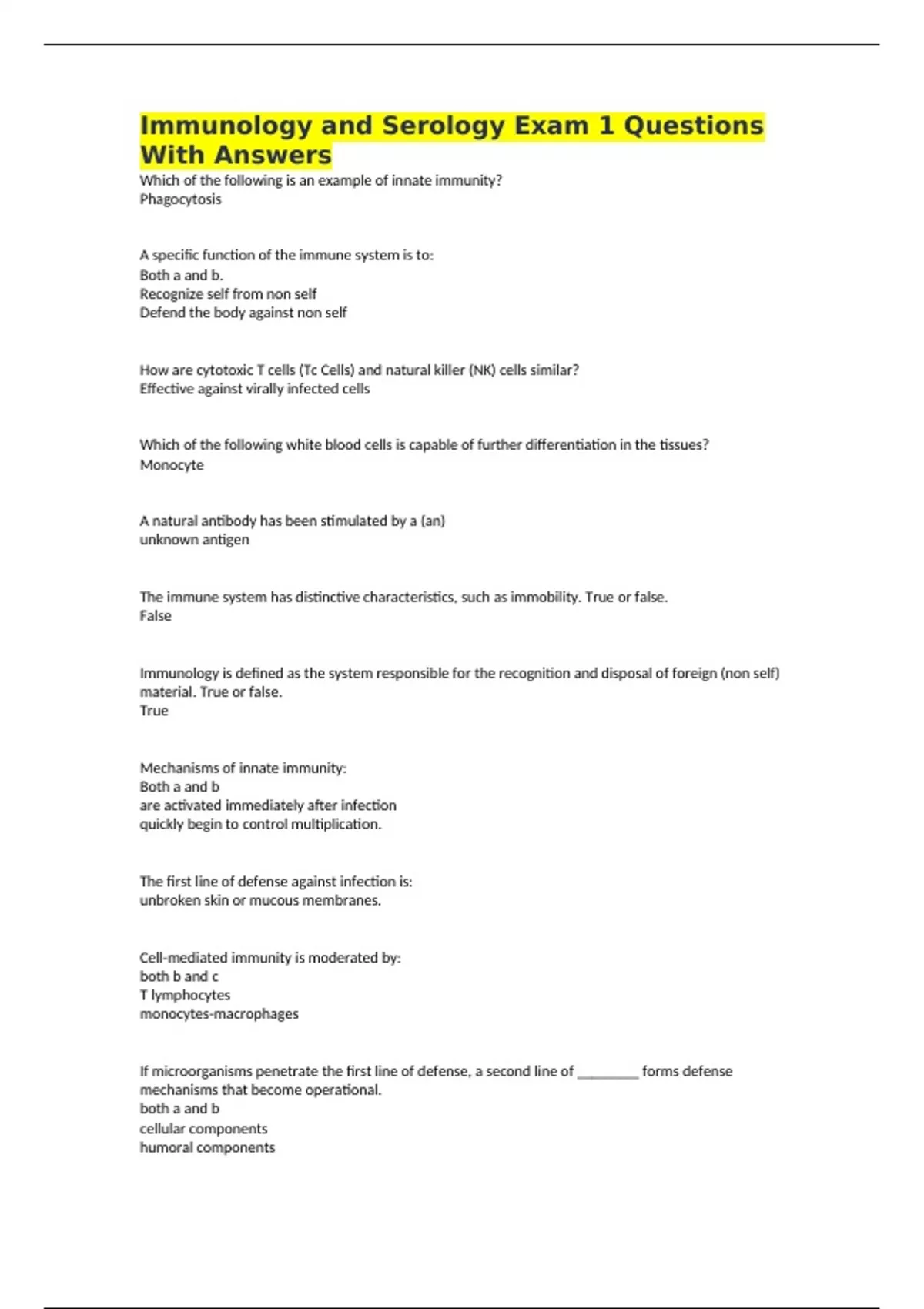 Immunology and Serology Exam 1 Questions With Answers - 68W LPC - Stuvia US