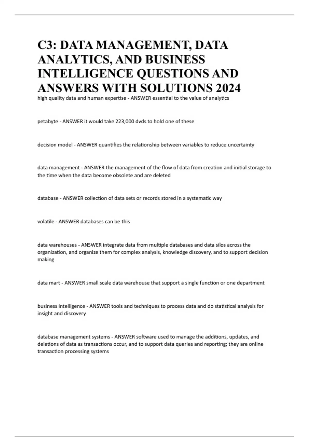 C3: DATA MANAGEMENT, DATA ANALYTICS, AND BUSINESS INTELLIGENCE QUESTIONS AND ANSWERS WITH ...