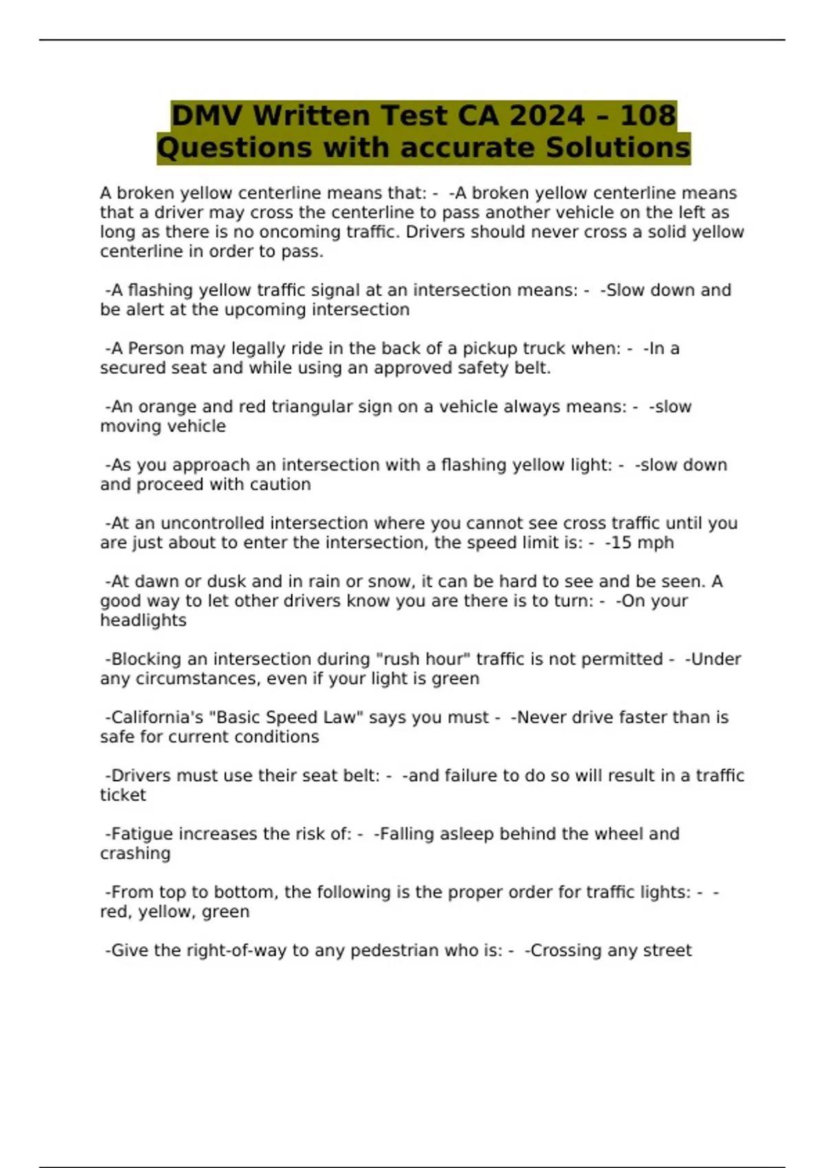 DMV Written Test CA 2024 – 108 Questions with accurate Solutions - DMV ...