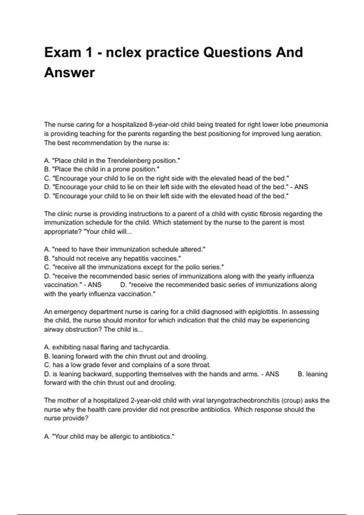 Exam 1 - nclex practice Questions And Answers - PCCIV - Stuvia US