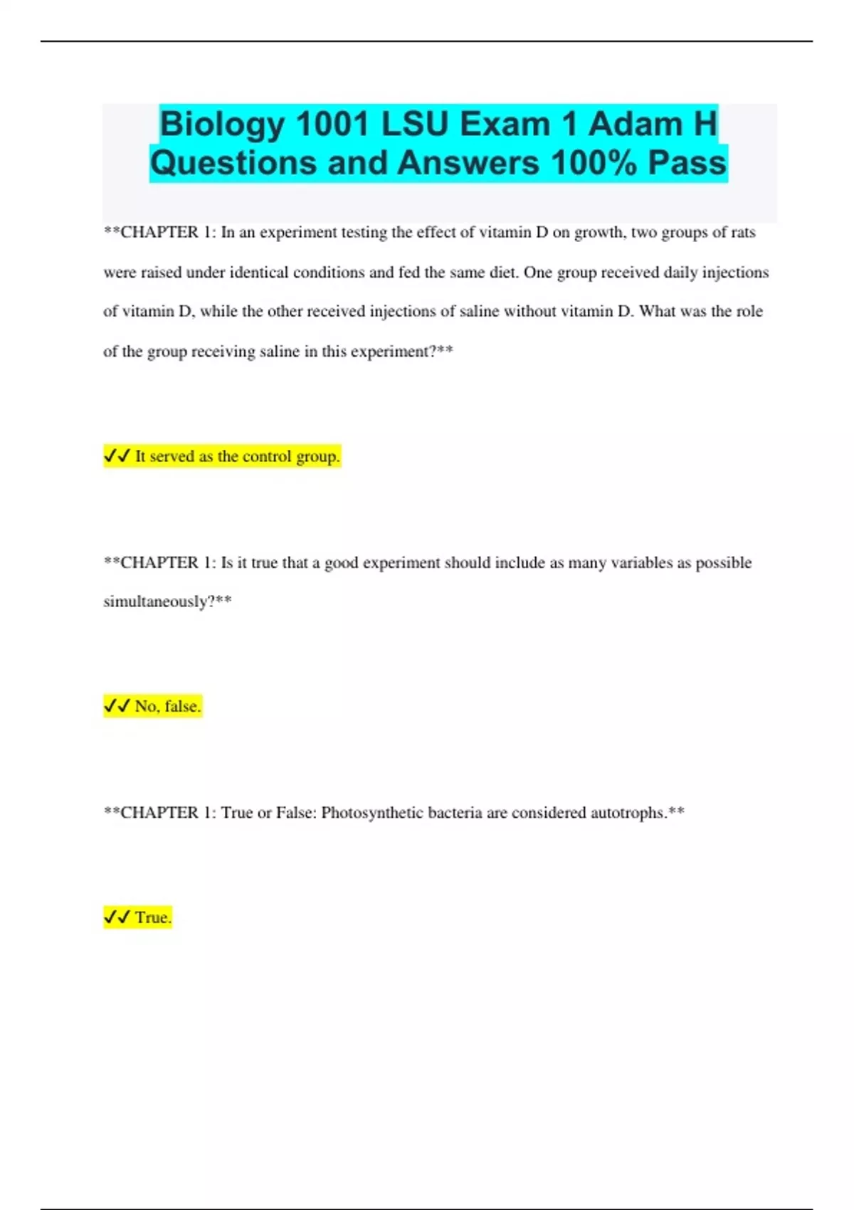 Biology 1001 LSU Exam 1 Adam H Questions and Answers 100% Pass ...