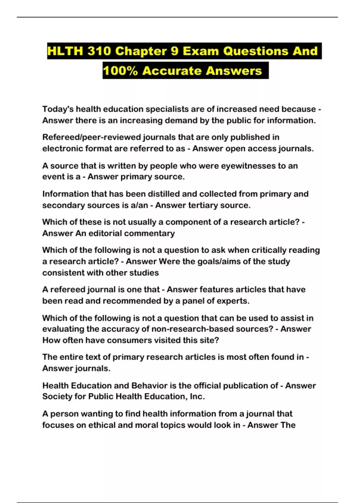 HLTH 310 Chapter 9 Exam Questions And 100% Accurate Answers - HLTH 310 - Stuvia US