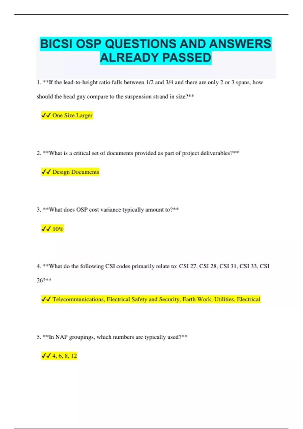 BICSI OSP QUESTIONS AND ANSWERS ALREADY PASSED - BICSI OSP - Stuvia US