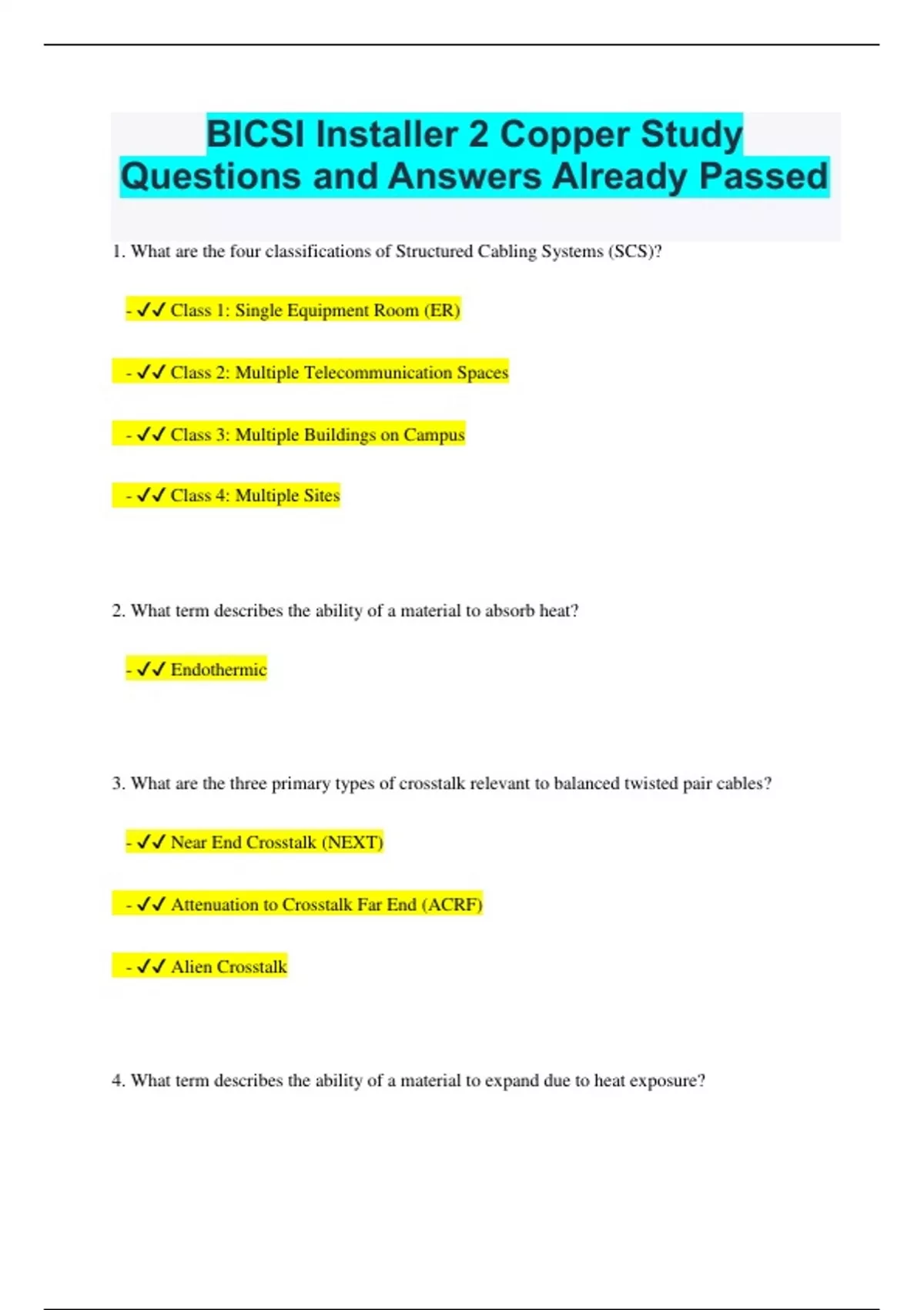 BICSI Installer 2 Copper Study Questions and Answers Already Passed - BICSI Installer 2 Copper ...