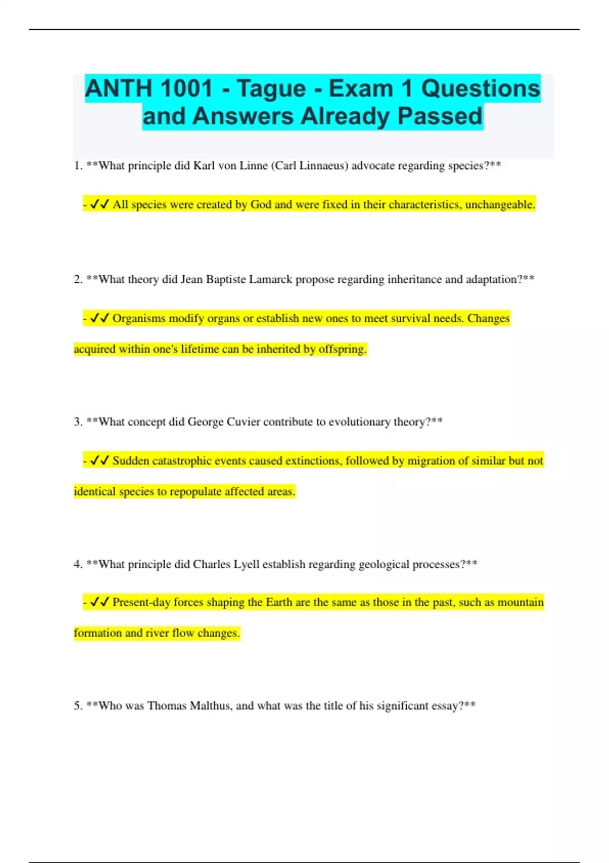 ANTH 1001 - Tague - Exam 1 Questions and Answers Already Passed - ANTH ...