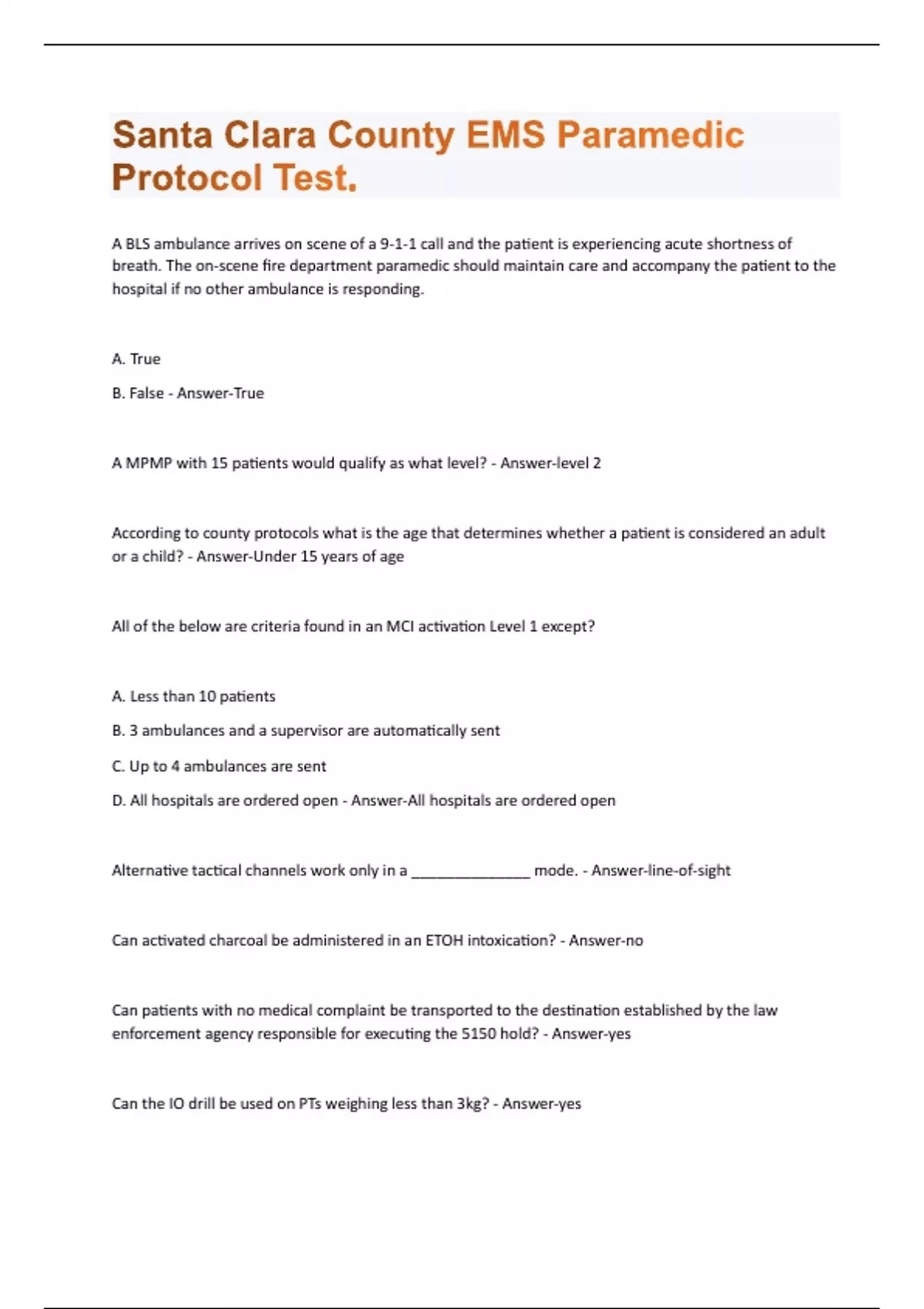 Santa Clara County EMS Paramedic Protocol Test. Questions + Answers ...