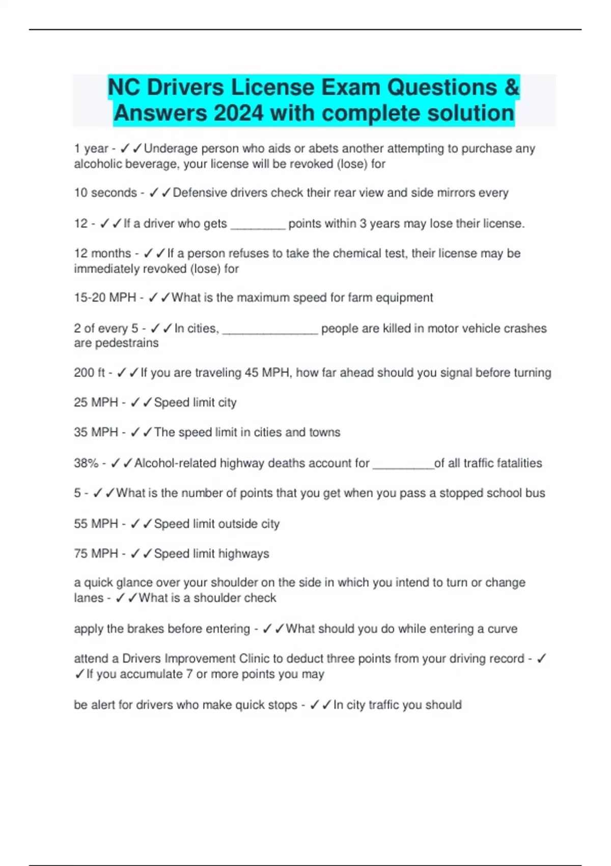 NC Drivers License Exam Questions & Answers 2024 with complete solution ...
