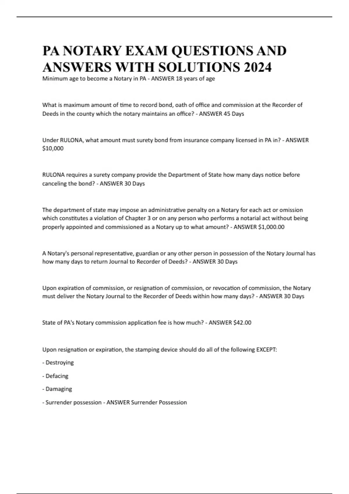 PA NOTARY EXAM QUESTIONS AND ANSWERS WITH SOLUTIONS 2024 - PA NOTARY ...