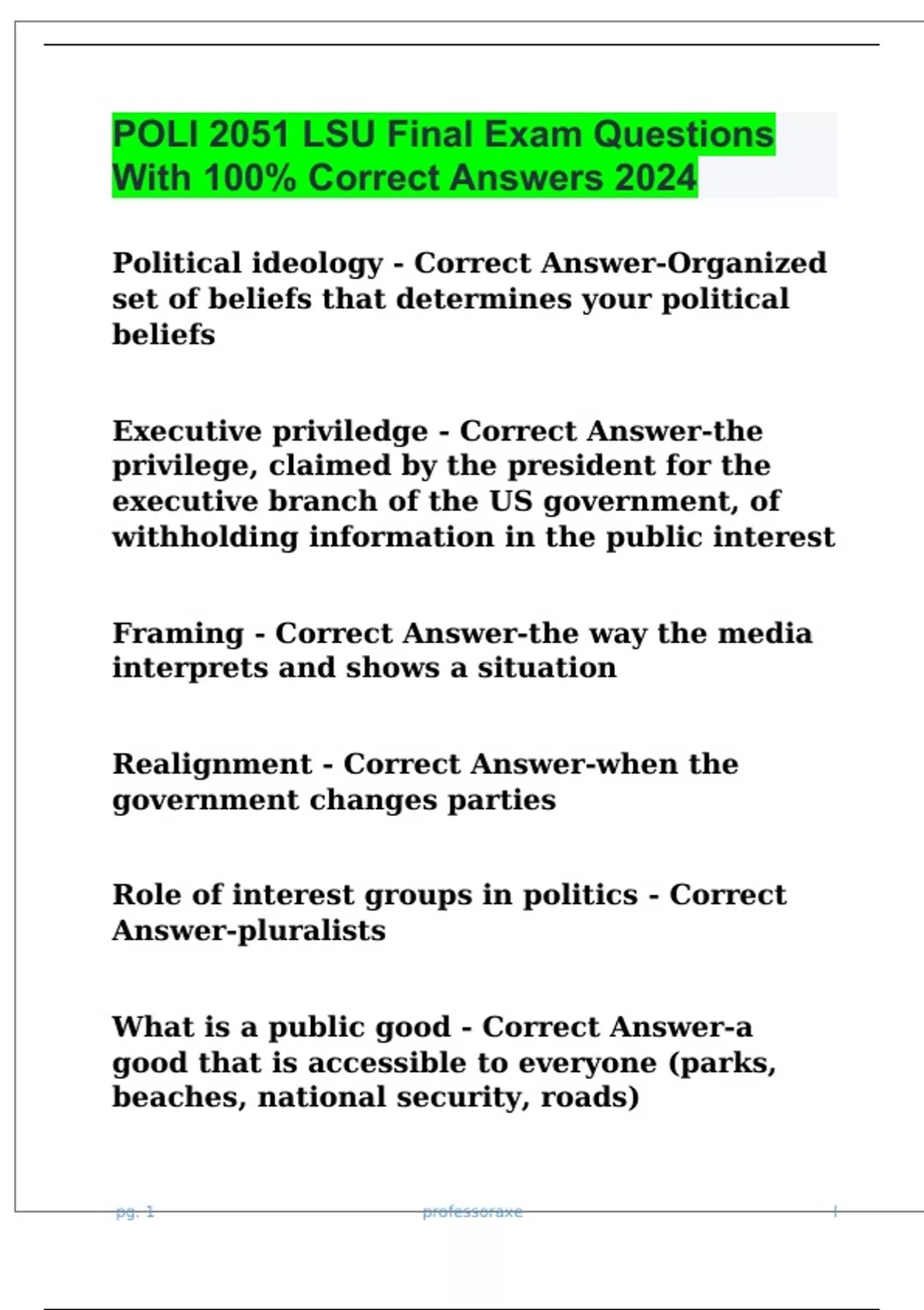 POLI 2051 LSU Final Exam Questions With 100% Correct Answers 2024 ...