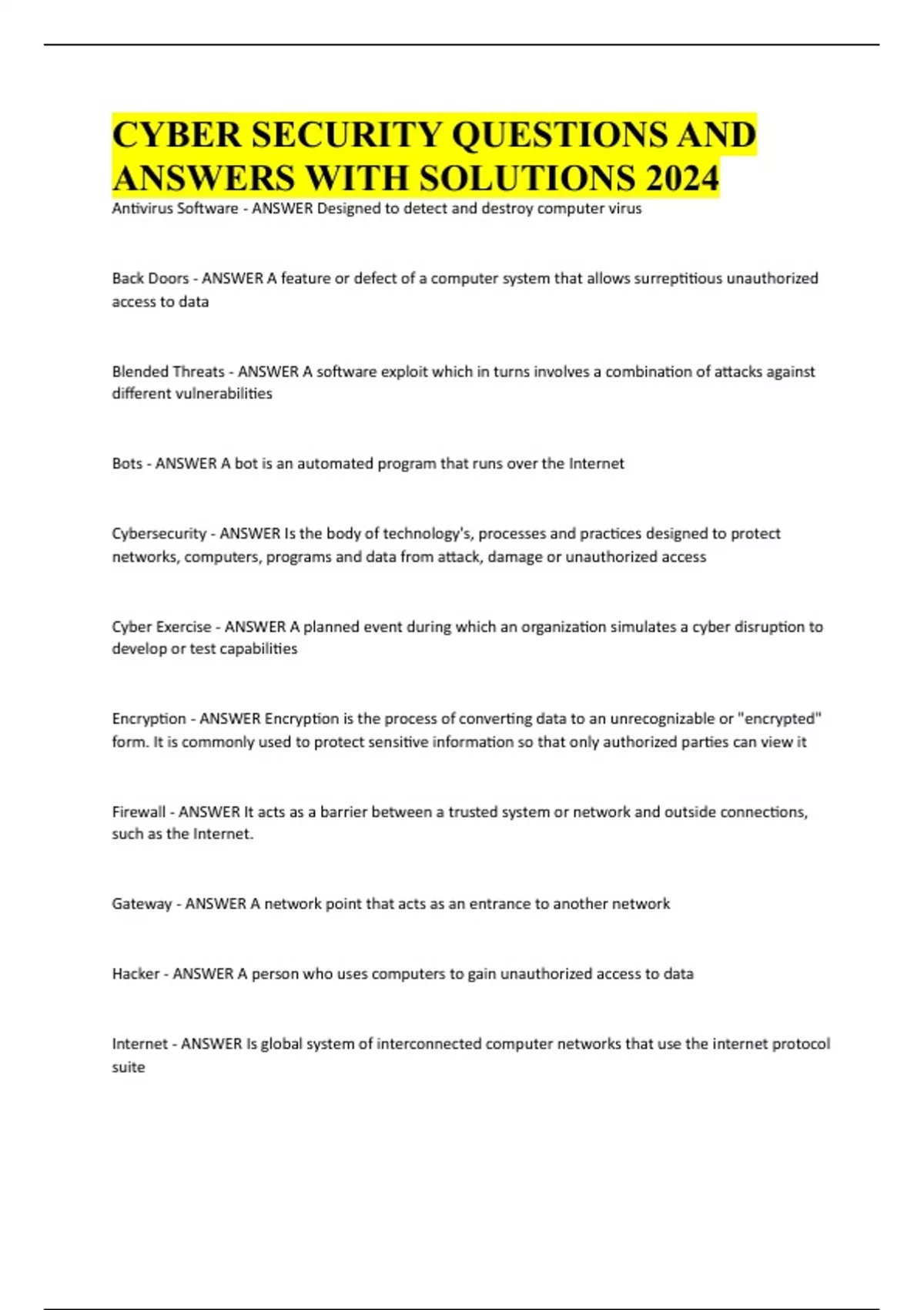 Cyber Security Questions And Answers With Solutions 2024 Cyber Security Stuvia Us