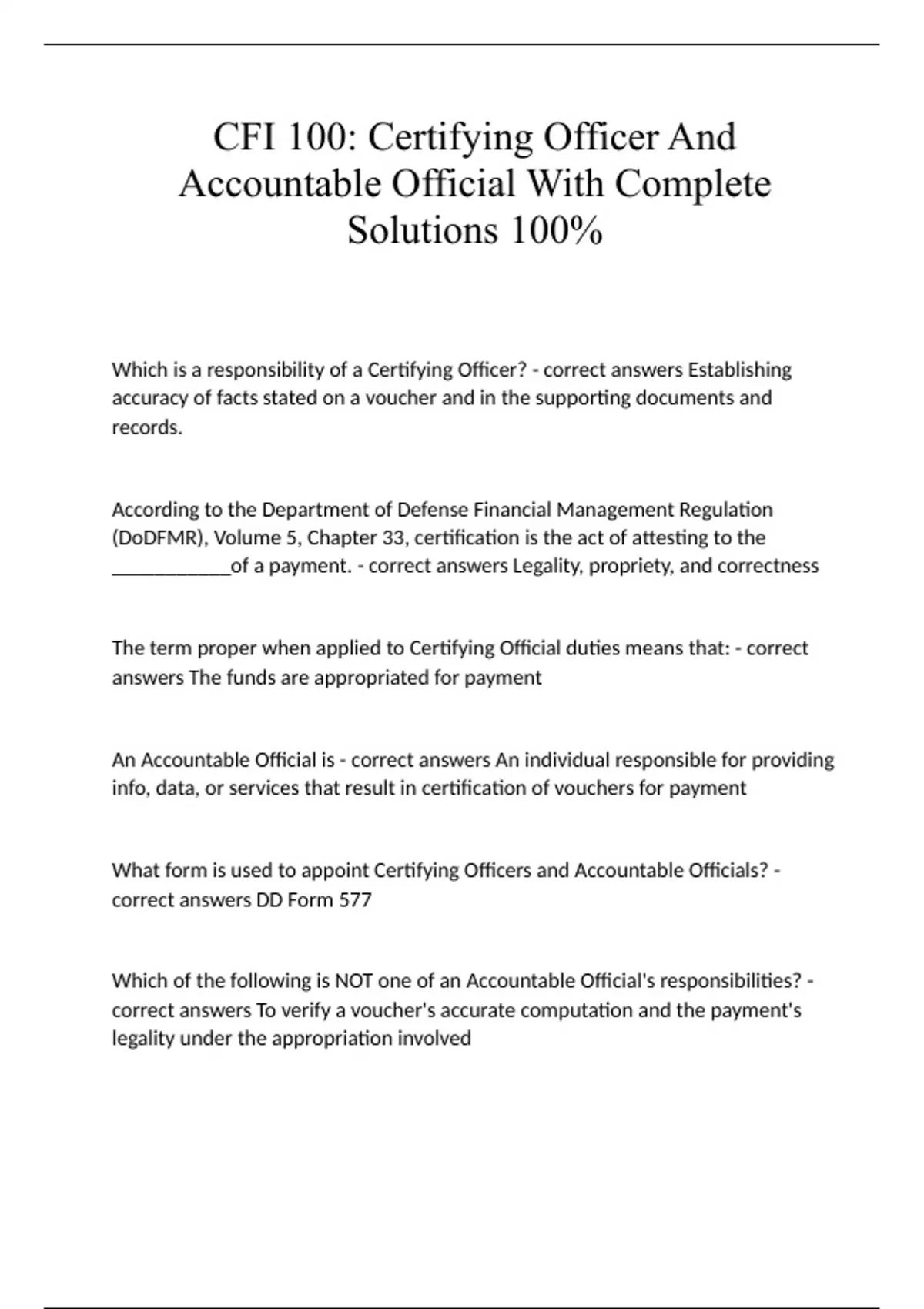 CFI 100 Certifying Officer And Accountable Official With Complete Solutions 100% - CLG 006 ...