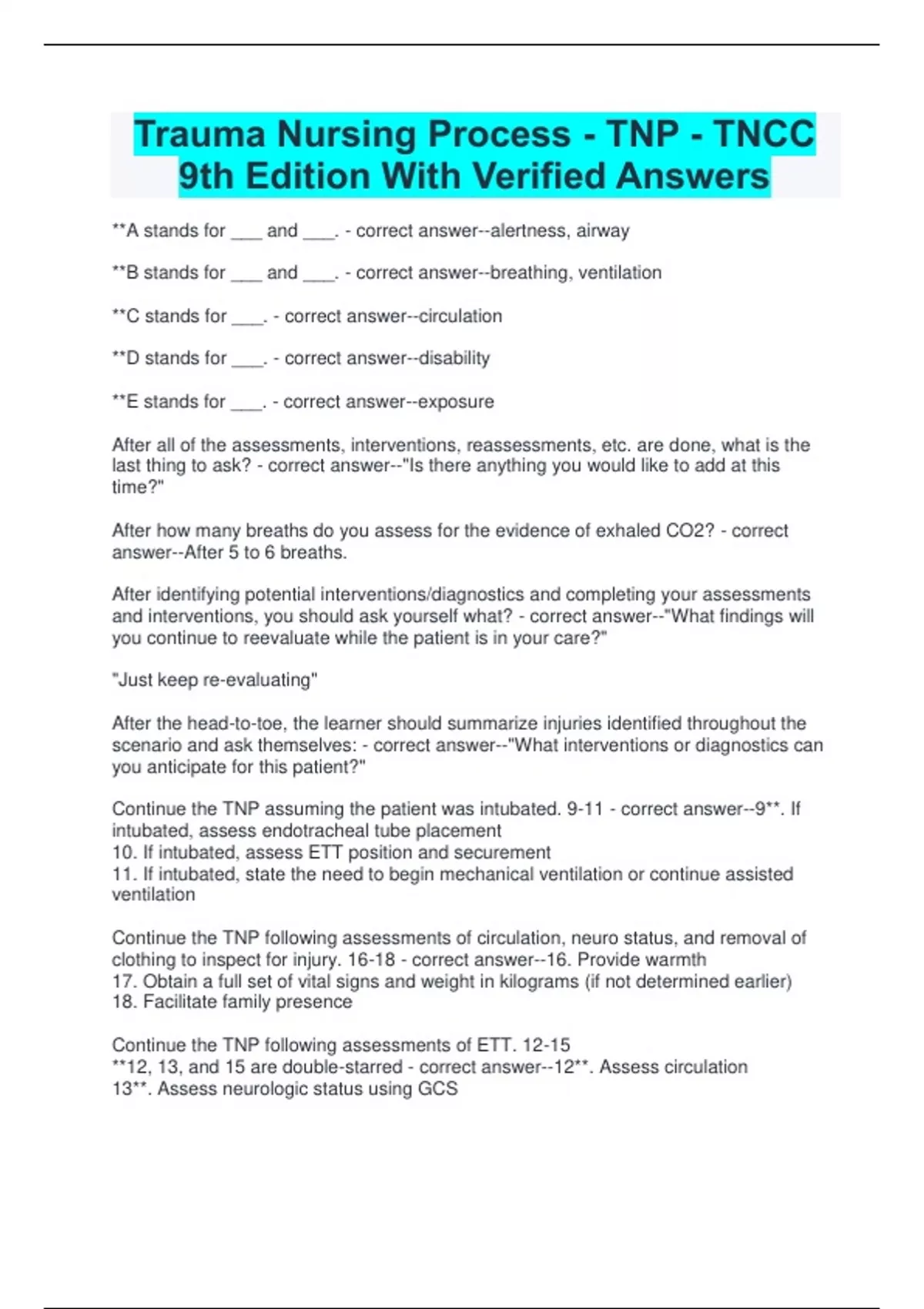 Trauma Nursing Process - TNP - TNCC 9th Edition With Verified Answers - TNCC-Trauma Nursing Core ...