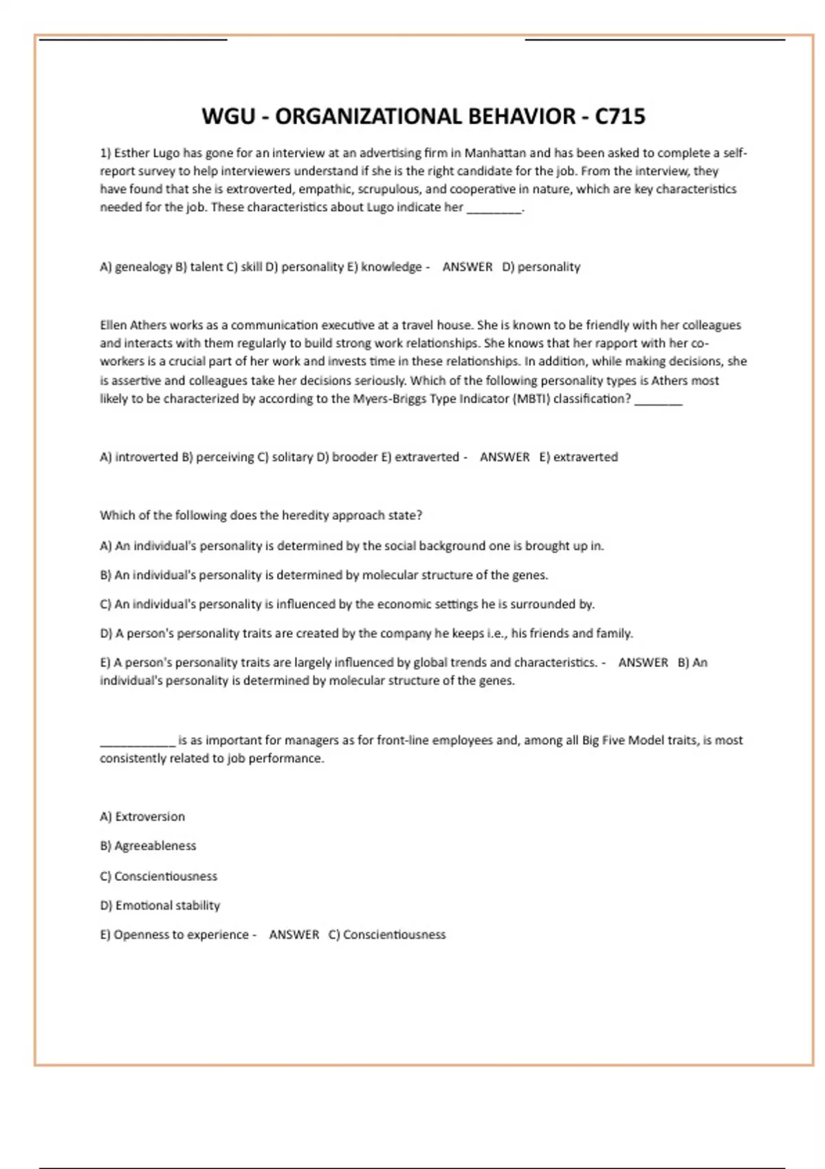 WGU - Organizational Behavior - C715 Exam 2024 Questions and Answers ...