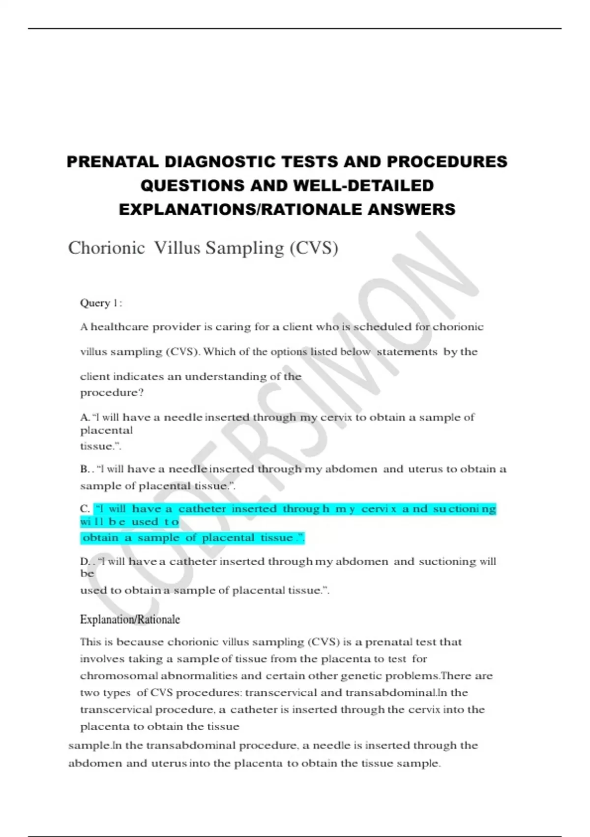 PRENATAL DIAGNOSTIC TESTS AND PROCEDURES QUESTIONS AND WELL-DETAILED ...