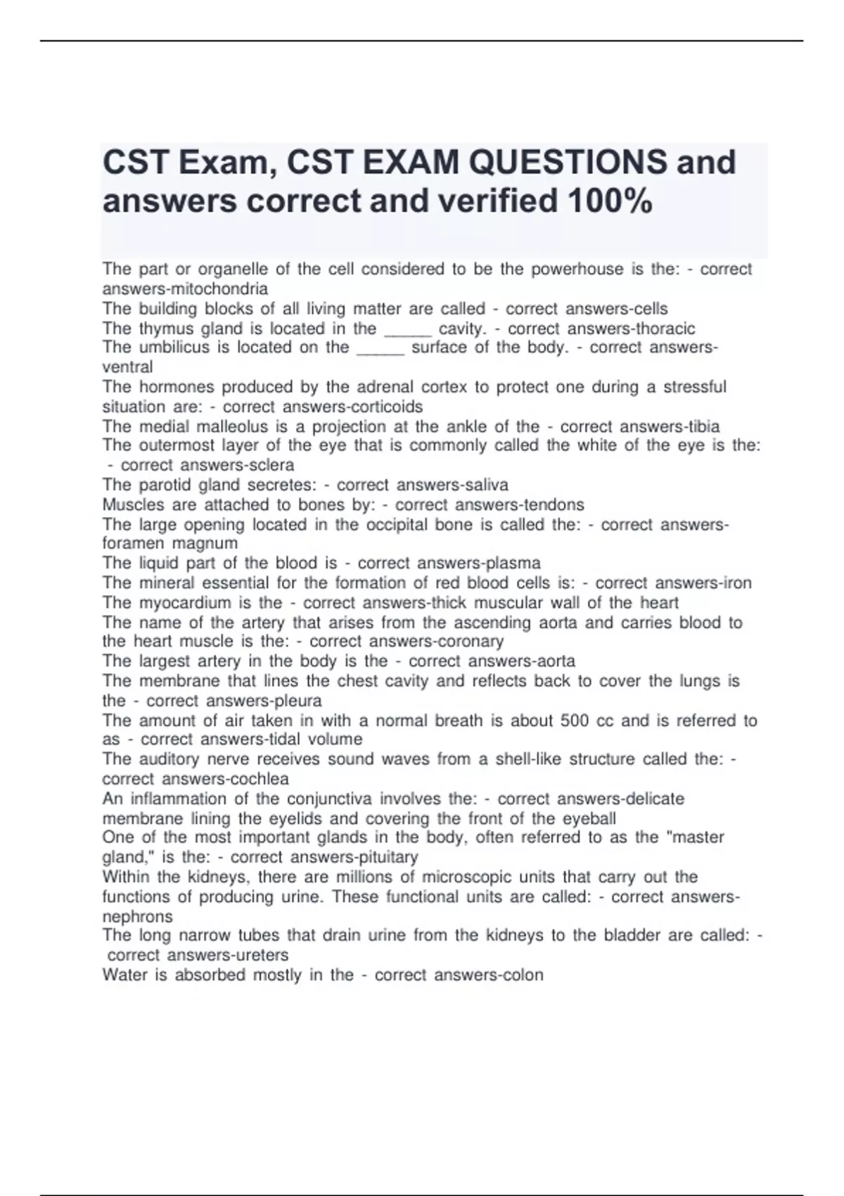 CST Exam, CST EXAM QUESTIONS and answers correct and verified 100% ...
